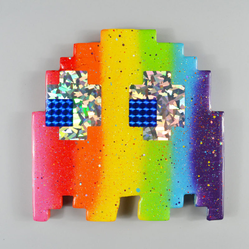 Rainbow Glitter Pac-Man Ghost – Woodcut Wall Art – Metal the Brand
